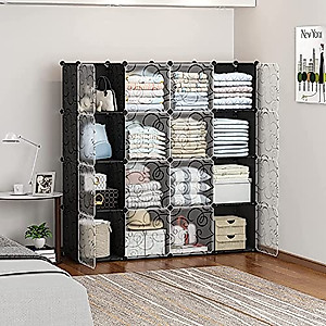 Cube Storage Organizer, 16-Cube Closet Organizer with Doors, 12" × 12" Modular Storage Book Shelves, Plastic Stackable Cubes Cabinet Wardrobe for Bedroom, Home, Black (4 × 4 Cubes)