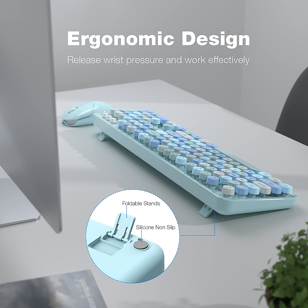 KNOWSQT Wireless Keyboard and Mouse Combo, Blue 104 Keys Full-Sized 2.4 GHz Round Keycap Colorful Keyboards, USB Receiver Plug and Play, for Windows, Mac, PC, Laptop, Desktop