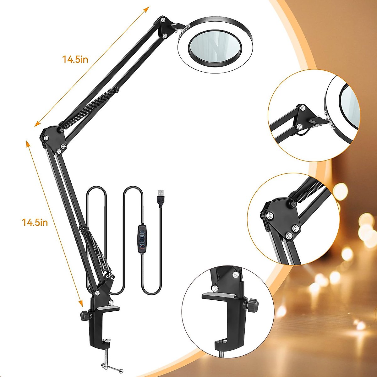 Magnifying Glass with Light and Stand, LAKIX 10X Lighted Magnifying Glass with 72 LED Lights, 3 Color Modes Lighted Magnifier & Adjustable Arm for Reading, Craft, Painting and Close Work (Black)