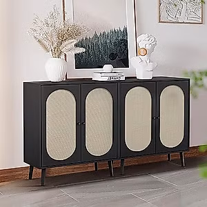 wirrytor Rattan Sideboard Buffer Cabinet, Modern Credenza Kitchen Buffer Storage Cabinet Console Table with 4 Rattan Doors Adjustable Shelves for Kitchen Dinging Living Room Hallway Entryway, Black