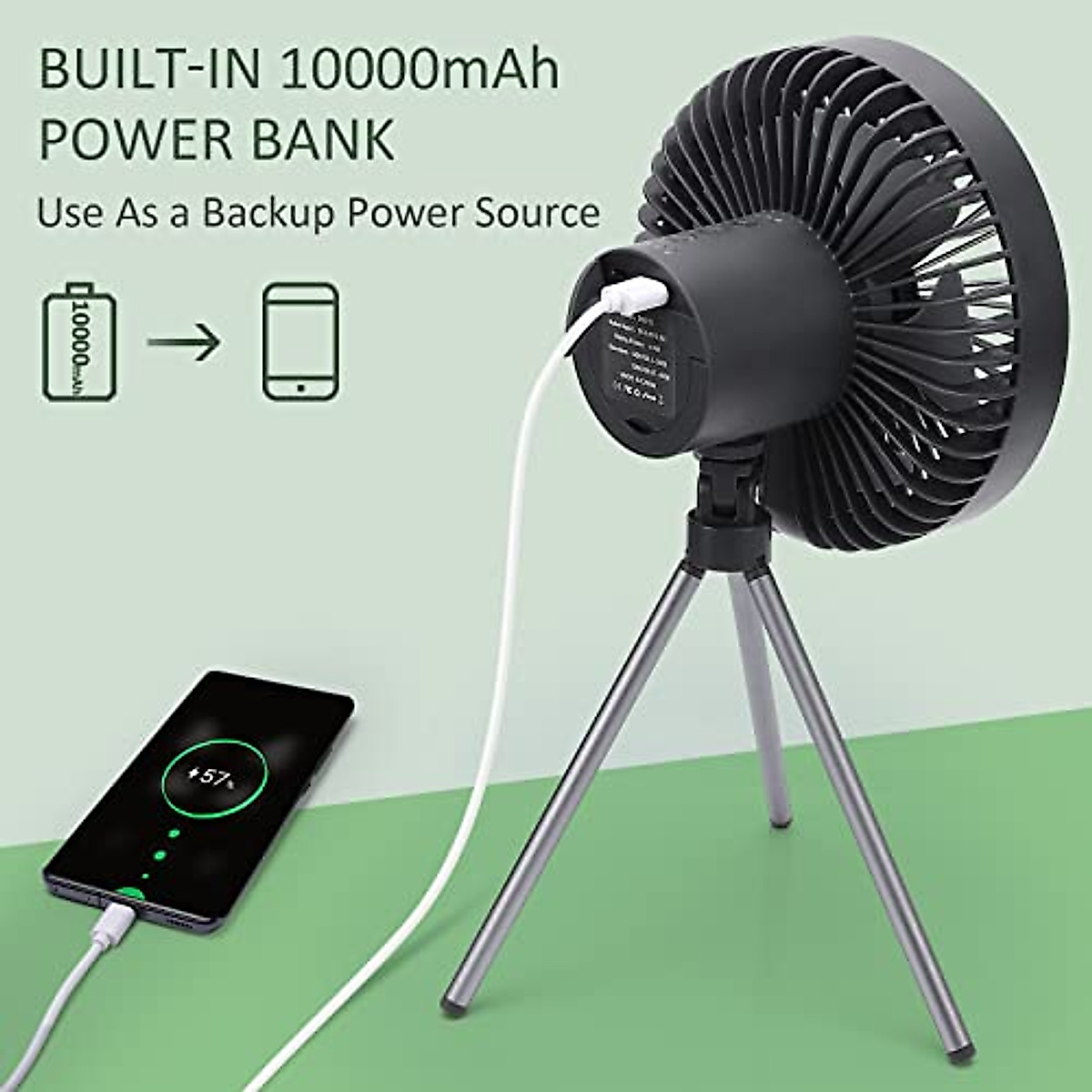 Depulat Battery Operated Fan, 10000mAH Rechargeable Portable Fan, Built-in Hanging Ring, Tripod, Camping Fans For Tents，Suitable For Home, Office, Emergency Power Outage, Shelter.