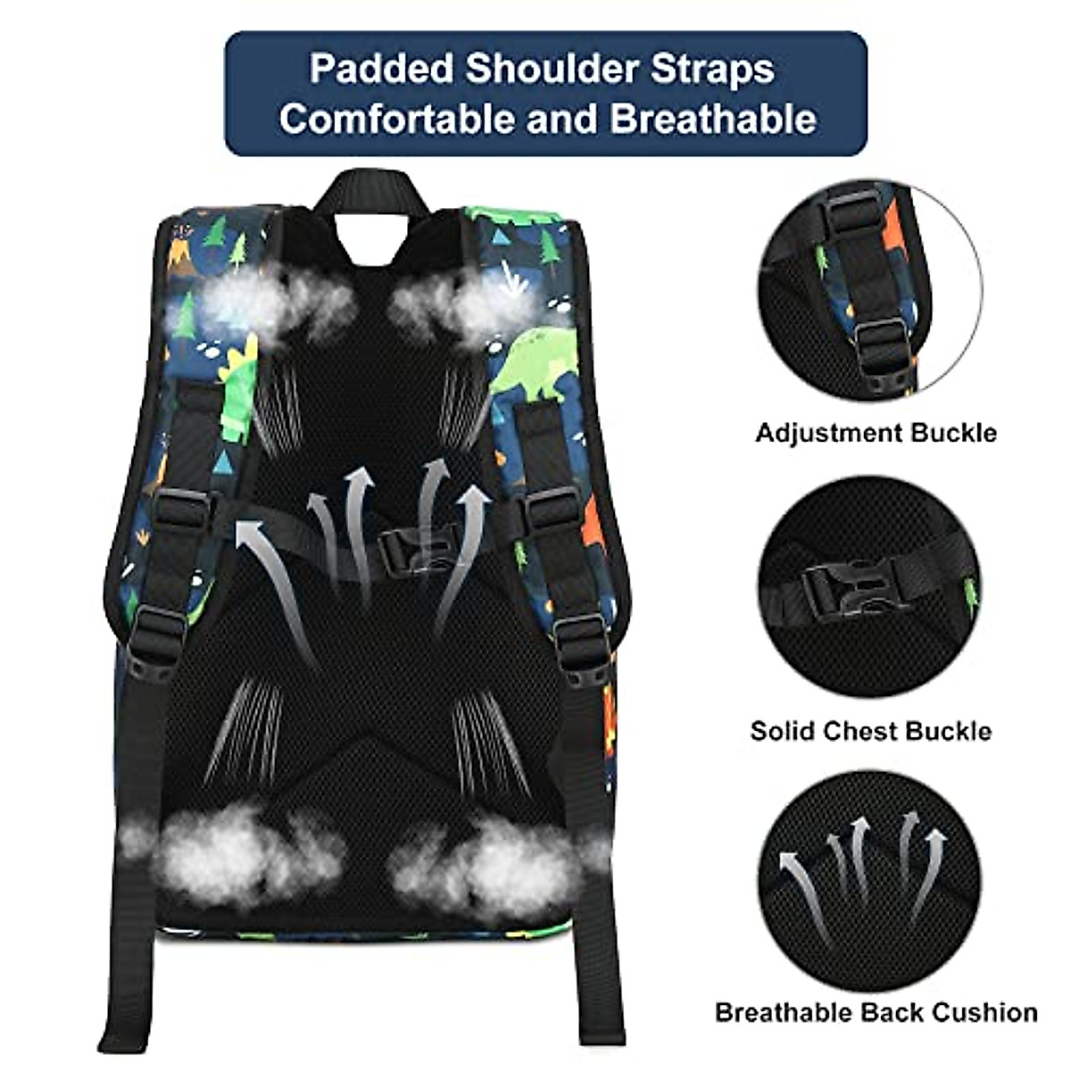 ZHT Dinosaur Backpack For Boys, Cute Lightweight Waterproof Preschool Kids Backpack, Kindergarten Nursery Travel Bag With Chest Strap