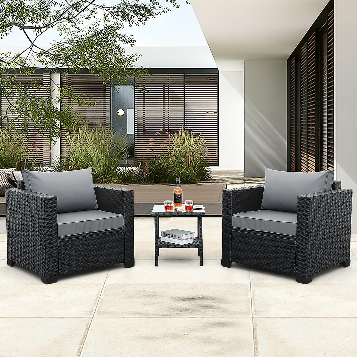 3 Piece Patio Set Wicker Patio Furniture Patio Conversation Sets Outdoor Chairs and Glass Side Table Balcony Furniture with Non-Slip Cushions and Waterproof Covers, Light Grey