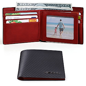 VISOUL Men's Leather RFID Blocking Wallet Extra Capacity, Bifold Security Wallet for men with 2 ID Windows 8 Card Slots 2 Cash Compartments (Black+Burgundy)