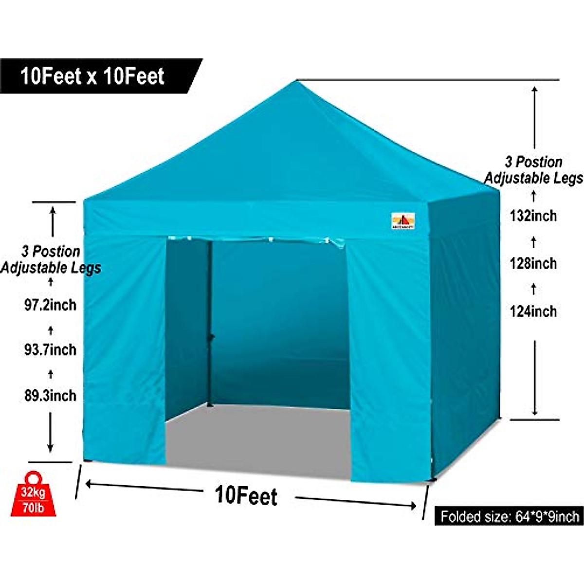 ABCCANOPY Heavy Duty Ez Pop up Canopy Tent with Sidewalls 10x10, Turquoise