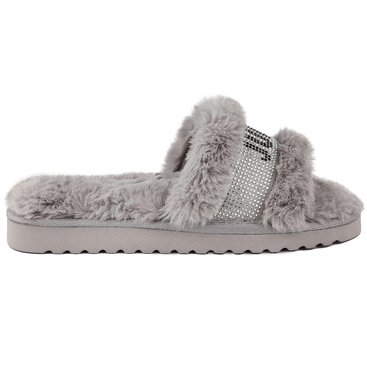 Juicy Couture Women's Luxe Faux Fur Slide Slippers with Embellished Strap, Cozy Indoor/Outdoor Fuzzy Slip-On Sandals, Halo - Grey, Size 9
