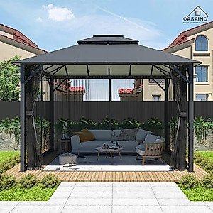 CASAINC Hardtop Gazebo 10x12 FT, Hardtop Gazebos with Double Roof, Aluminum Frame Permanent Outdoor Canopy, Patio Gazebo with Mosquito Netting for Patio Lawn Garden