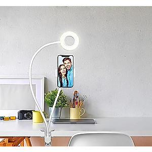 BOWER 24 Inch Clip on Desk Ring Light - Flexible Arms, 36 LED Lighting with 3 Light Modes and 10 Brightness Levels, Heavy Duty Clamp, and Built-In Phone Holder