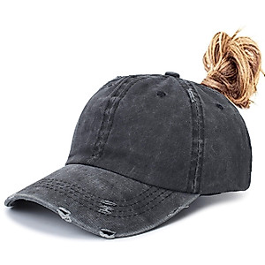 Leotruny Women Washed Cotton High Ponytail Baseball Cap (C08-Distressed Black)