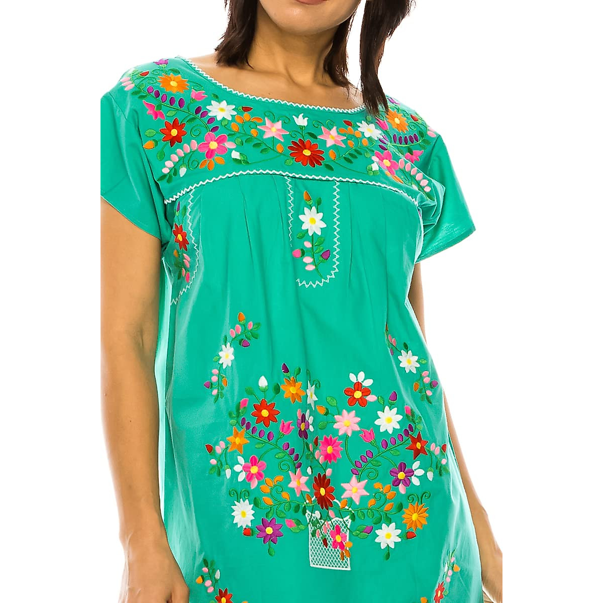 unik Embroidered Traditional Mexican Midi Dress (Mint, 2XL)