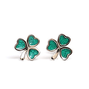 Biddy Murphy, Irish Three Leaf Clover Shamrock Earrings for Women, Sterling Silver Celtic Green Enamel Studs, Made in Ireland by Artisan Jewelers