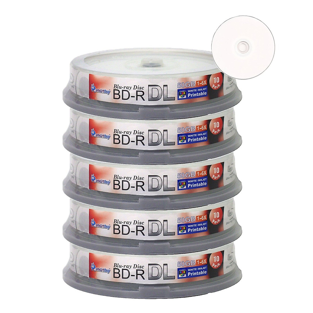 Smartbuy 50-disc 50gb 6X Blu-ray Bd-r Dl Dual Layer Double Layer White Inkjet Hub Printable Blank Data Video Recordable Media Disc with Cakebox/Spindle Packing