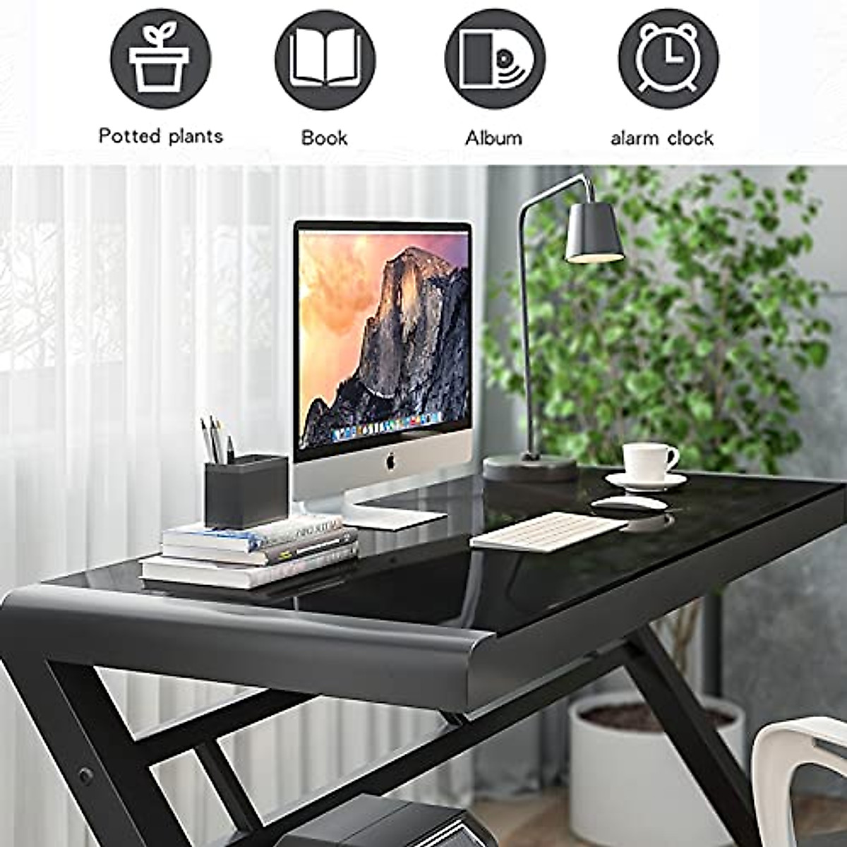 BINGTOO Computer Desk Glass Top Metal Frame, 55.1" Home Office Desks & Workstation Modern Office Writing Gaming Study Work Glass Computer Table Desk