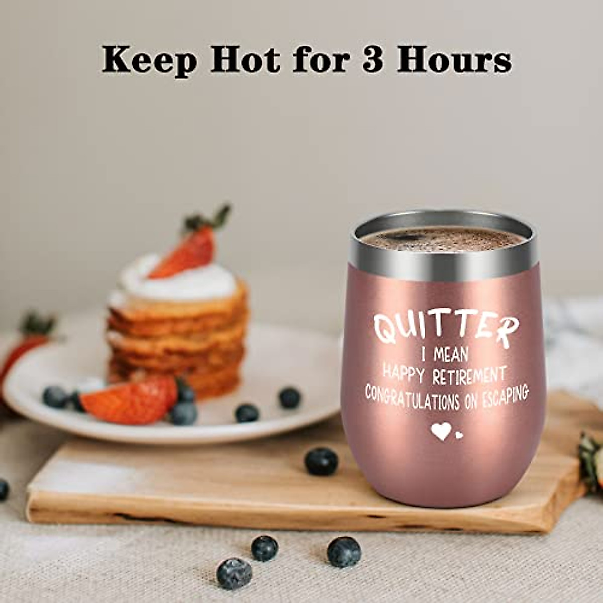 GINGPROUS Retirement Gifts For Women, Quitter I Mean Happy Retirement, Retirement Gifts for Coworker Colleague Office BFF, 12oz Insulated Stainless Steel Wine Tumbler with Lid and Straw, Rose Gold