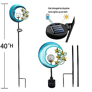 TOMBABY Solar Metal Star Moon Garden Lights -Crackle Glass Globe Outdoor Yard Stake for Lawn, Pathway, Patio or Courtyard