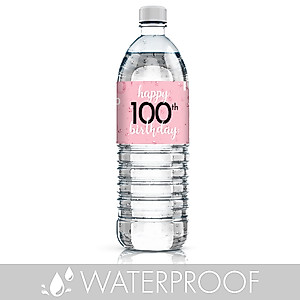 Pink, Black, and White 100th Birthday Party Water Bottle Labels - 24 Waterproof Wrappers - Pink Birthday Decorations for Women