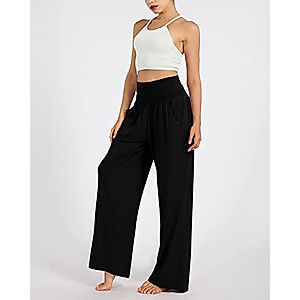 ODODOS Women's Wide Leg Palazzo Lounge Pants with Pockets Light Weight Loose Comfy Casual Pajama Pants-28 inseam, Black, Large
