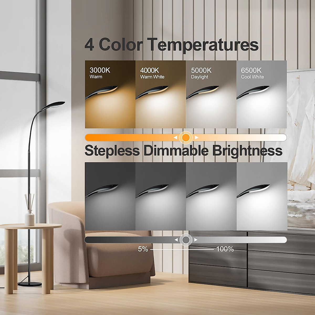 OUTON LED Floor Lamp, 12W 1080LM, Dimmable Adjustable Gooseneck Standing Lamp with 4 Color Temperature, Remote & Touch Control, 1H Timer, Memory Function for Reading Living Room Bedroom Office (Black)