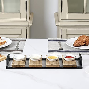 MyGift Black Metal and Burnt Wood Condiment Tray with Handles, White Ceramic Dipping Sauce Bowls for Dip or Appetizers Serving Tray