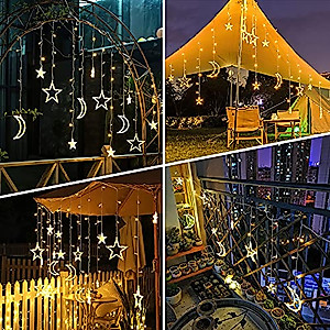 Techip Solar Lights Outdoor Moons Stars Lights 138LED Solar Powered String Lights Outside Waterproof Patio Lights Decor for Ramadan Porch Window Backyard Tent Garden,Warm White Lights with Remote