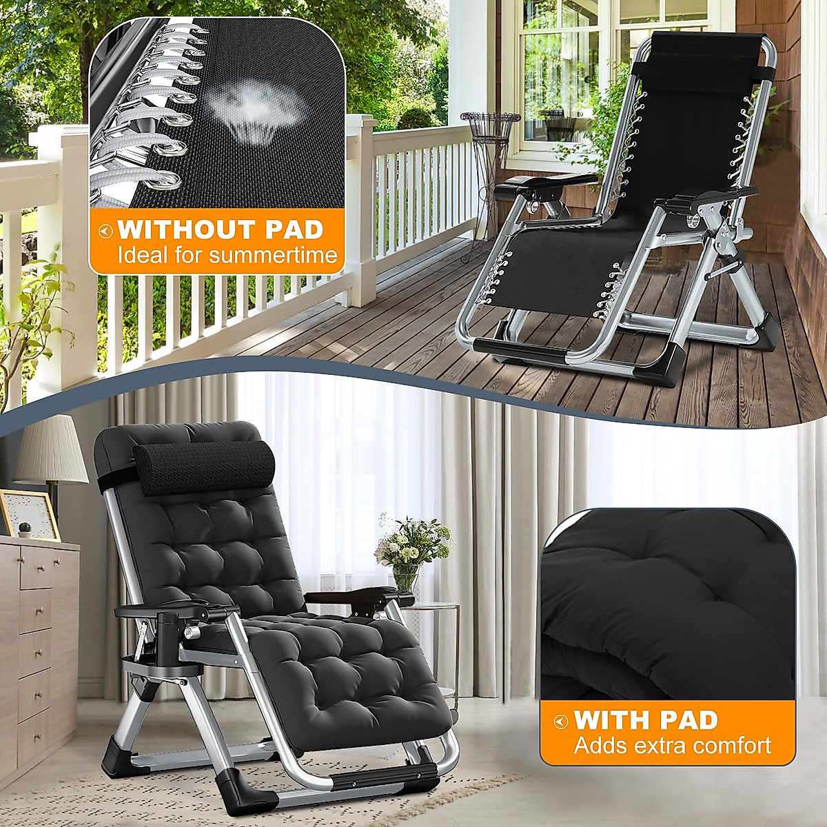 LILYPELLE Comfy Folding Chair, Folding Lounge Chair for Bedroom and Living Room, Folding Reclining Patio Chairs with Removable Cushion for Indoor Outdoor