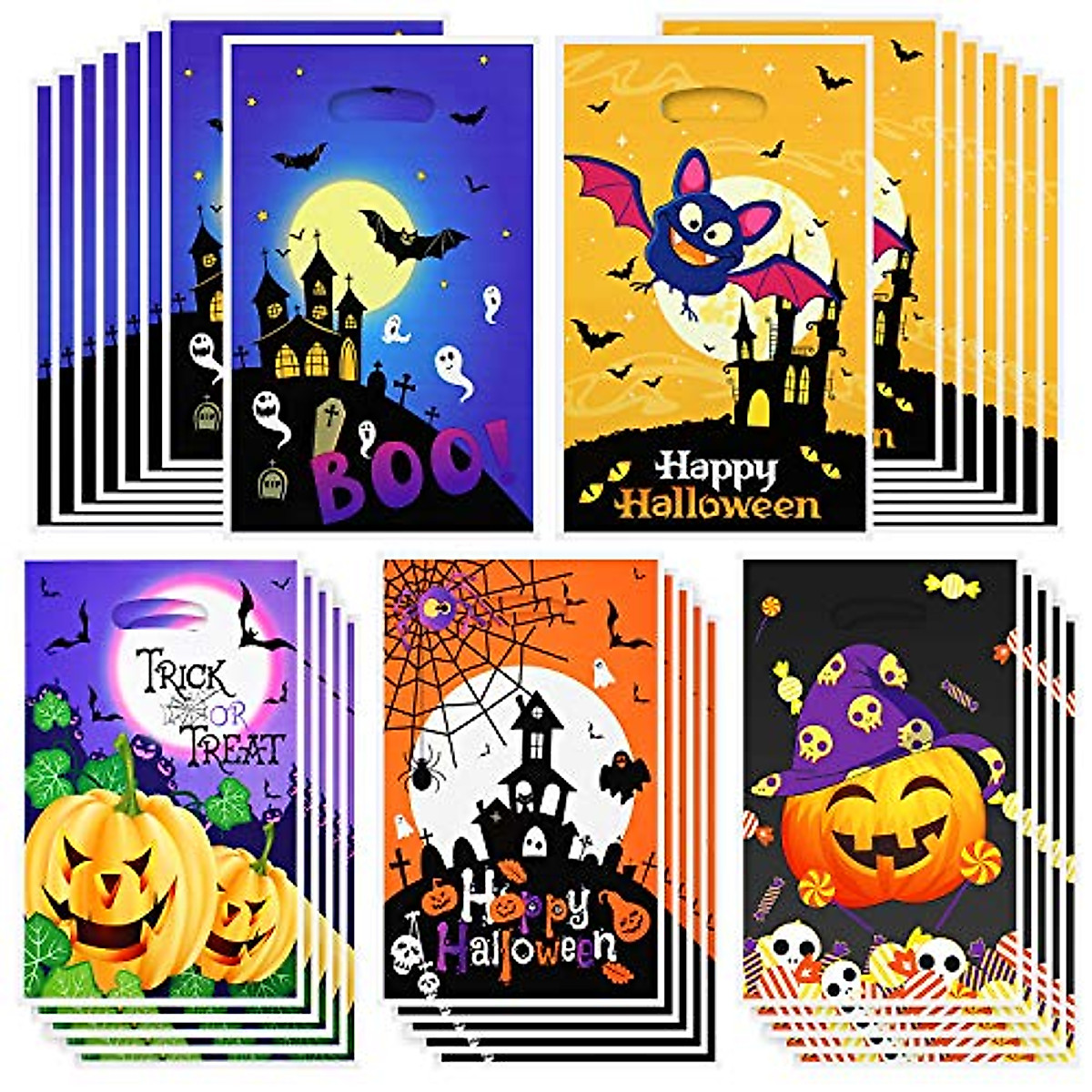 100 Pieces Halloween Plastic Bags Candy Bags Trick or Treat Bags Jack O Lantern Pumpkin Treat Bags Goody Bags Favor Bags in 5 Designs for Halloween Party Favor