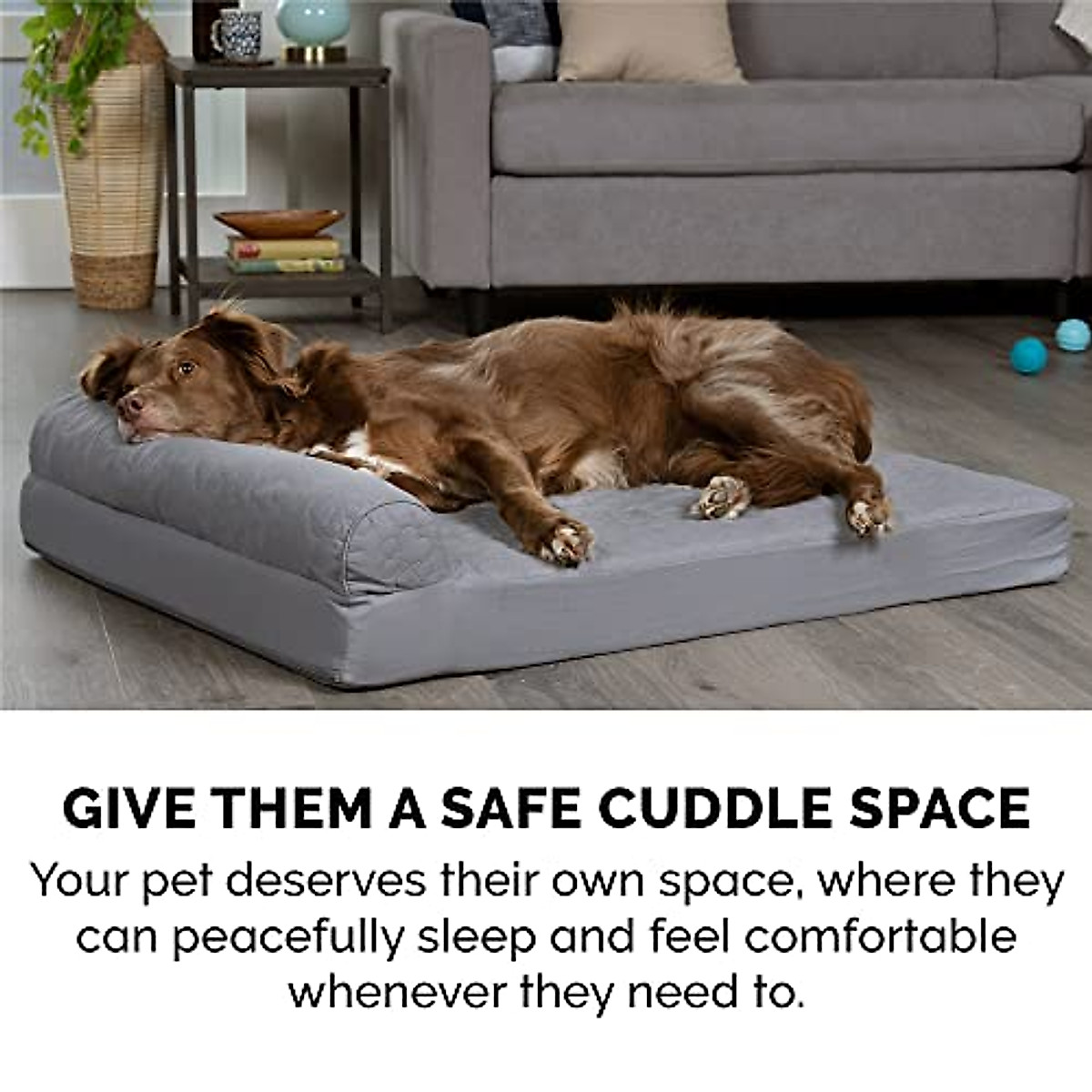 Furhaven Medium Memory Foam Dog Bed Pinsonic Quilted Paw L Shaped Chaise w/ Removable Washable Cover - Titanium, Medium