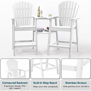 NAVINE Tall Adirondack Chairs Set of 2, HDPE Balcony Chair with Double Connecting Tray, Weather Resistant Outdoor Adirondack Bar Stools for Patio, Deck, Patio, Backyard, Balcony.(White)