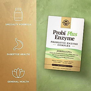 Solgar Probi Plus Enzyme Complex, 30 Capsules - 20 Billion CFU Probiotic Plus Enzymes - Once Daily - Clinically-Studied to Alleviate Occasional Gas & Bloating - Non-GMO & Dairy Free, 30 Servings