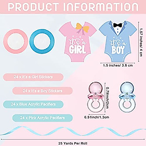 48 Set Gender Reveal Baby Shower Favors Baby Mini Milk Bottles Plastic Baby Milk Bottle 48 Pcs Mini Pacifiers Tiny Plastic Pacifiers 64 Pcs Gender Reveal Stickers Baby Shower Sticker and 2 Roll Ribbon