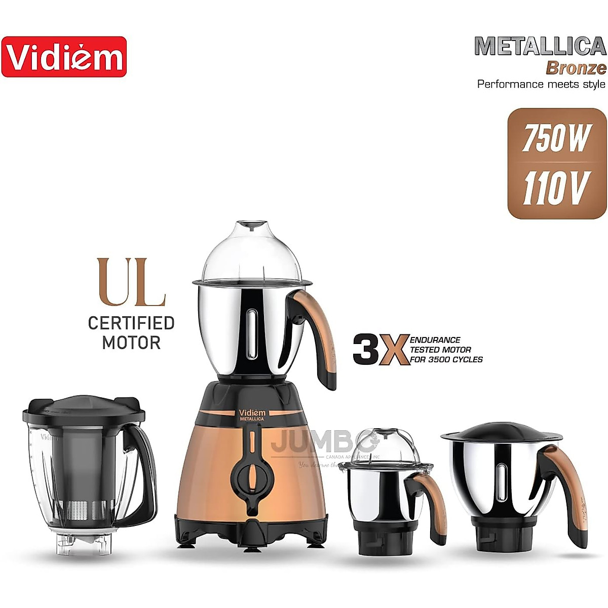 Vidiem BRONZE Stainless Steel Jars with Juice Extractor 750 Watts,110 volts with Free Service Kit included