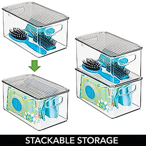 mDesign Deep Plastic Bathroom Storage Bin Box, Lid/Built-in Handles, Organization for Makeup, Hair Styling Tools, Toiletry Accessories in Cabinet, Shelves, Ligne Collection, 2 Pack, Clear/Smoke Gray