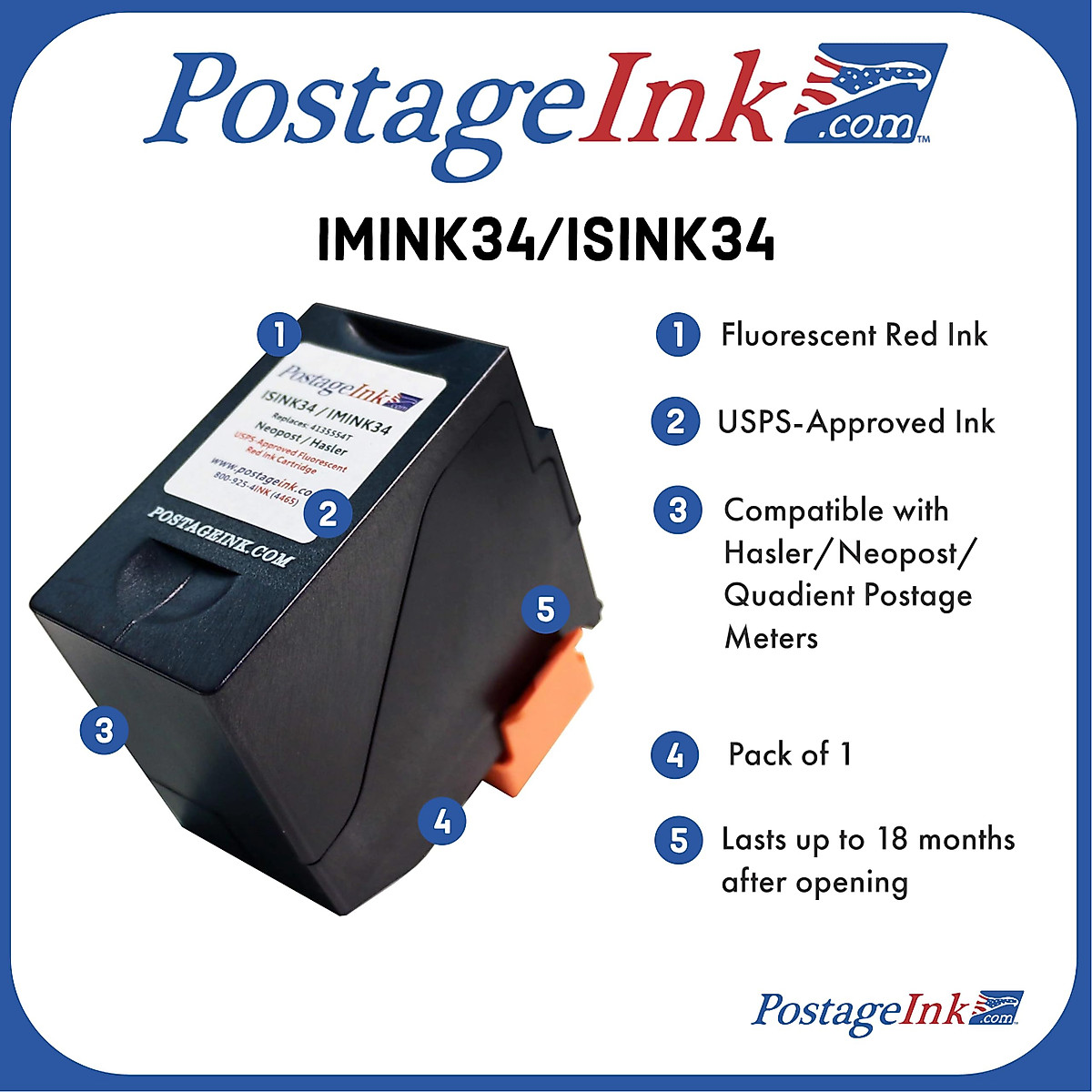 PostageInk.com ISINK34 / IMINK34 Sure.Jet # 4135554T Non-OEM Ink Cartridge Replacement for IM330, IM350, IM420, IM440, IM460, IM480 and IM490 Postage Meters