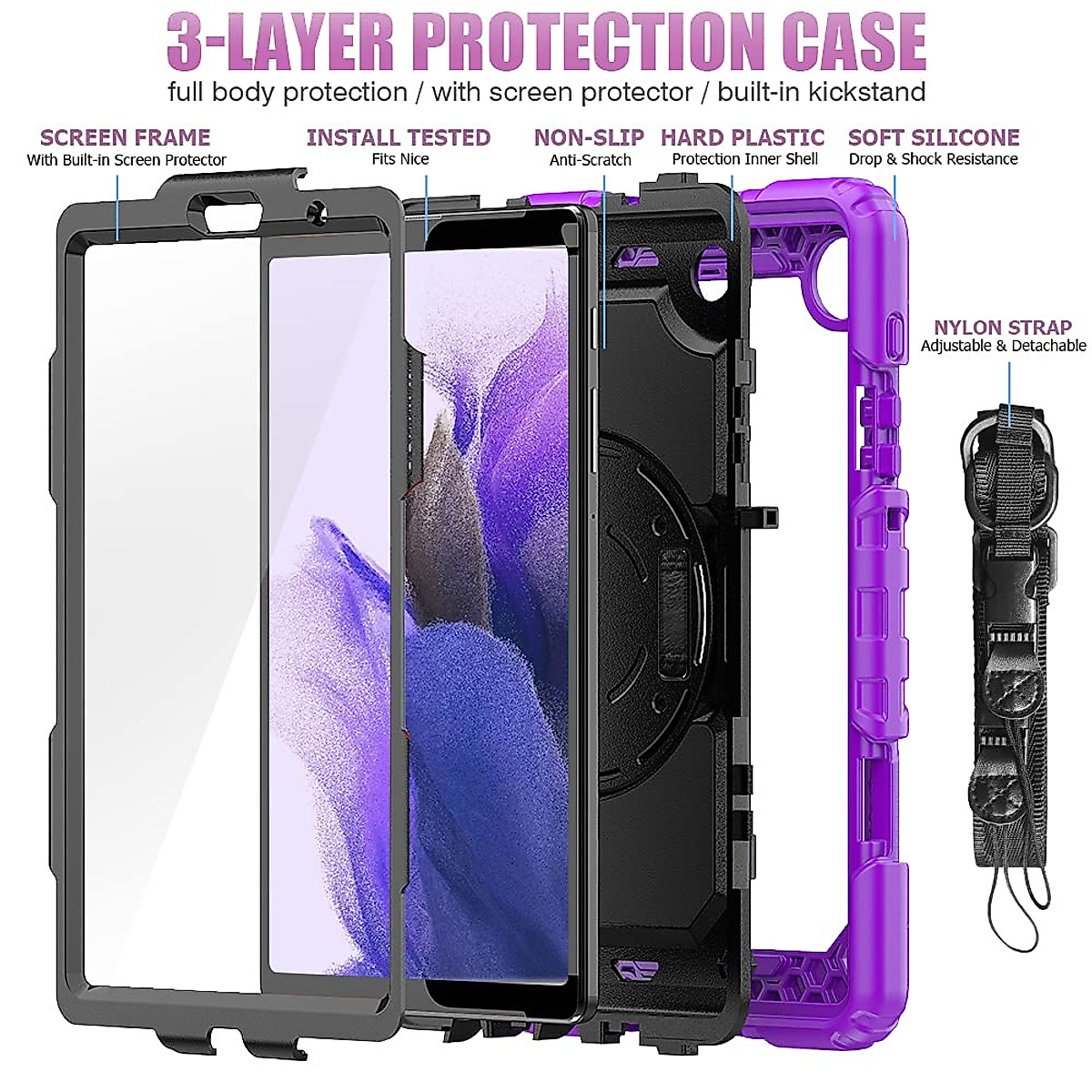 CLARKCAS Case for Samsung Galaxy Tab A7 Lite Case 8.7 inch 2021(SM-T220/T225/T227) with Screen Protector Pencil Holder Kids Shockproof Silicone Cover 360 Stand Hand Strap for Galaxy A7 lite,Purple