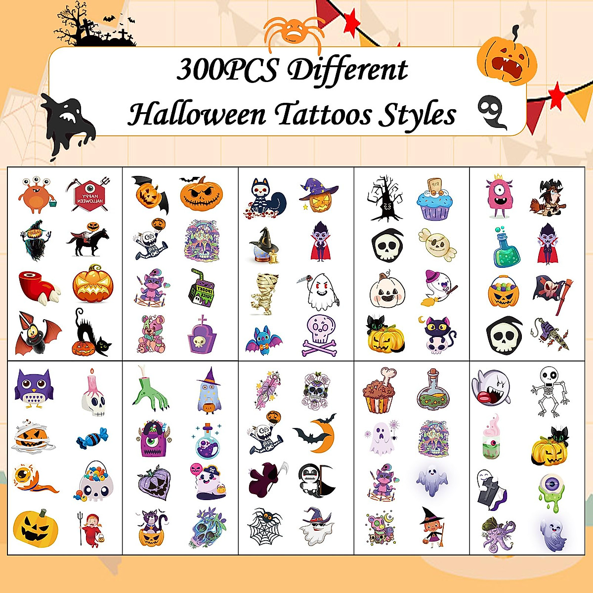 300PCS Halloween Glow Tattoo Stickers,Temporary Waterproof Tattoo Stickers Halloween Party Favors Decoration,Goodie Bag Fillers and "Trick or Treat" Gifts for Kid