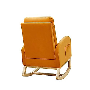 BeiXuan Modern Wood Indoor/Outdoor Rocking Chairs, Single Sofa Accent Nursery Rocking Chair with High Back Side Bag,Upholstered Glider Rocker for Living Room/Bedroom/GardenPatio,Orange Flannel Cloth