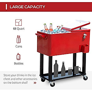Outsunny 80 QT Rolling Cooling Bins Ice Chest on Wheels Outdoor Stand Up Drink Cooler Cart for Party, Red