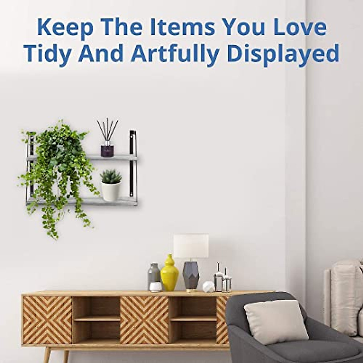 Halter 2 Tier Rustic Floating Wall Shelves for Bedroom, Bathroom, Mounted Hanging Bookshelf Storage, Oragnizer, Living Room, Kitchen, or Laundry Room, Set of 2 Shelves, Brackets Included, Gray Wood