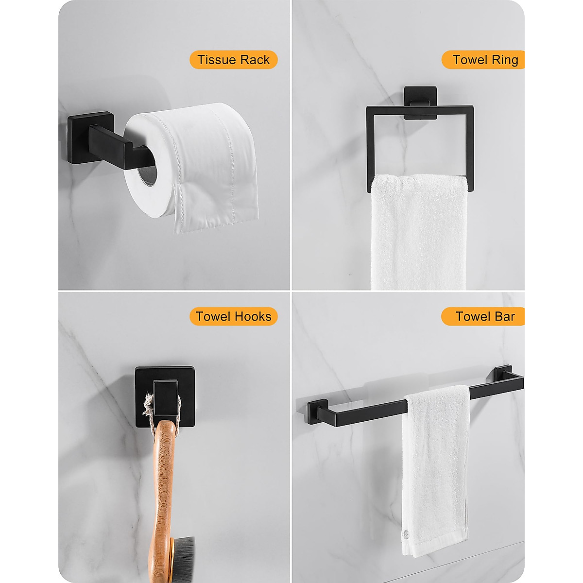 Hinmood Matte Black Bathroom Hardware Set, 5 Pieces Hardware Accessories Set SUS304 Stainless Steel Bath Towel Bar Set, Wall Mounted Towel Rack for Bathroom (Black, 16 Inch)