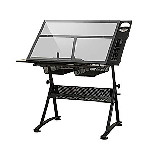 EESHHA Drawing Table Drafting Desk, Drafting Table with Storage, Height Adjustable Tiltable Art Desk, Glass Panel Drawing Desk, for Work Study Painting Craft Table