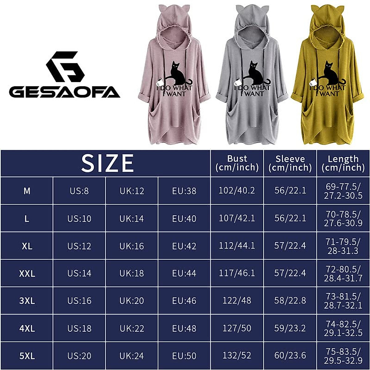 Gesaofa I Do What I Want Cat Graphic Hoodies for Women Irregular Hem 3/4 Sleeve Cat Ear Hooded Tunic Tops with Pockets Women Tunic with Cat Hoodies Tunic with Cat Ear Hoodies Cat Ears Pink Hoodies