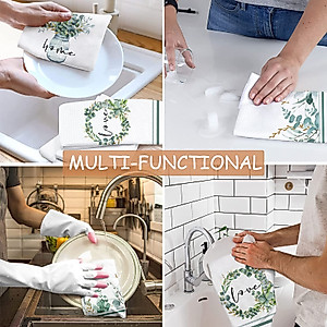 Lebsitey Green Eucalyptus Leaf Kitchen Towels, 4 Pack Love Sweet Home Quotes Eucalyptus Wreath Tea Dish Towels, Absorbent Drying Cloth Tea Towels for Cooking Baking,16×24IN (Green Leaves Towels)