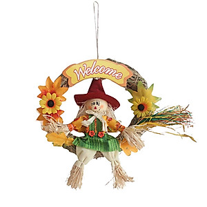 Scarecrow Wreath Hanging Scarecrow Ornament Scarecrow Garland Halloween Thanksgiving Decor Autumn Fall Harvest Decoration for Party Home Bar Garden(Small/Female)