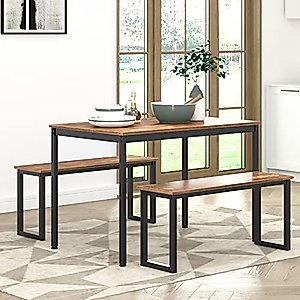 SogesHome 3-Piece Kitchen Dining Room Table Sets, 45‘’ Table and 2 Benches for 4, Space-Saving Table Set for Restaurant, Coffee Shop, Living Room, Small Space