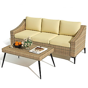 YITAHOME 2 Piece Patio Furniture Set, 3 Seater Wicker Outdoor Sofa with Thick Cushions & Rattan Table, Patio Conversation Sectional Sofa Set for Deck, Porch, Balcony - Khaki