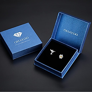 OHAYOO Hummingbird Daisy Earrings Hypoallergenic 925 Sterling Silver Animal Bird Asymmetrical Stud Earrings Hummingbird Daisy Jewelry Gift For Women