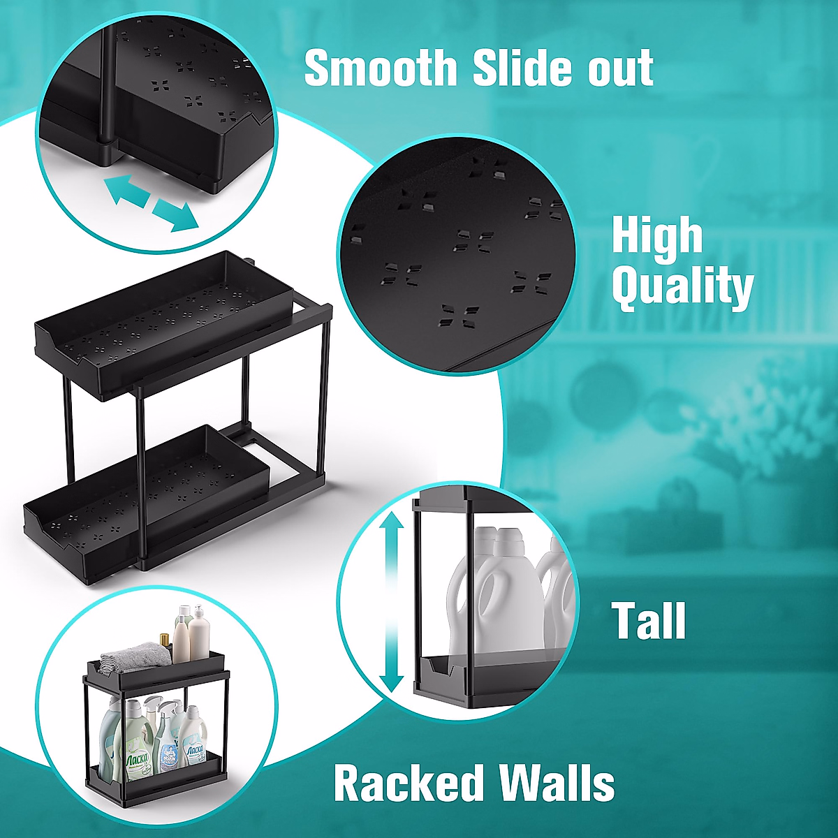 Under Sink Organizers and Storage, LUX DAILY Bathroom Storage with 2-Tier Sliding Storage Shelves, Kitchen Under Sink Organizer for Under Kitchen Bathroom Sink, Countertop Organizer