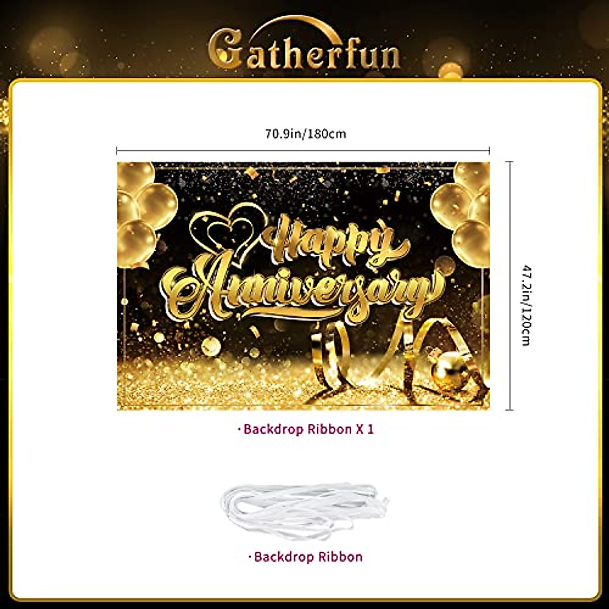 Gatherfun Happy Anniversary Banner Backdrop Anniversary Party Supplies Large Black Gold Photography Background Poster for Wedding Anniversary Party Birthday Party Decorations