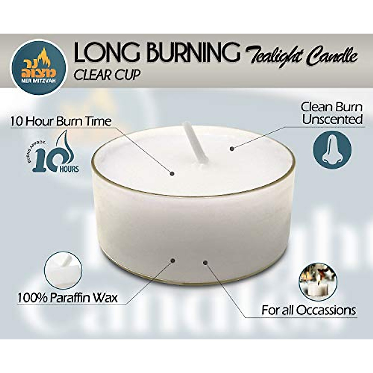 Ner Mitzvah Tea Light Candles - 16 Pack - White Unscented Tealight Candles - Long Burning - 10 Hours