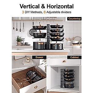 MUDEELA Pots and Pans Organizer : Rack for Cabinet, 8-Tier Kitchen Cabinet Organizers and Storage, Adjustable Pot Racks, Pot Organizer Rack for under Cabinet with 3 DIY Methods
